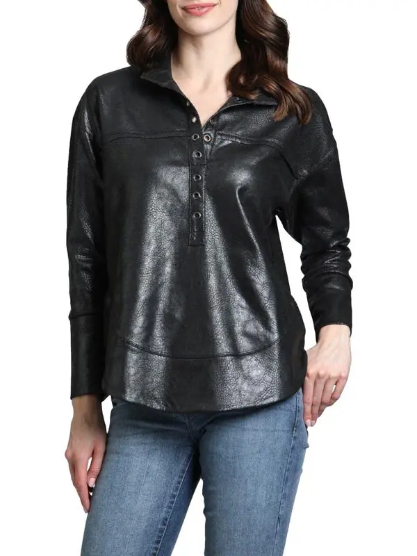 APNY Faux Leather Henley Top - Black