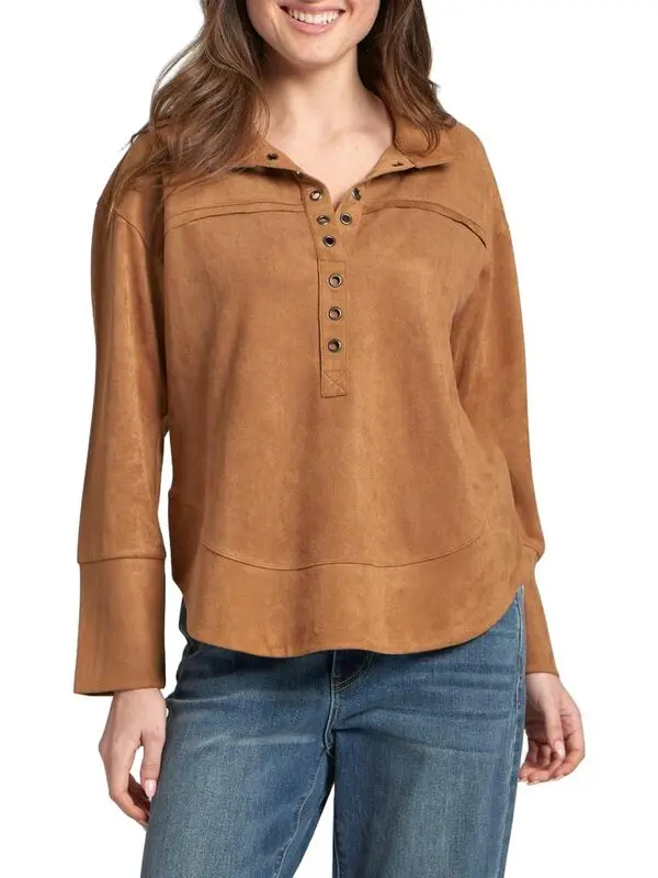 APNY Faux Leather Henley Top - Caramel