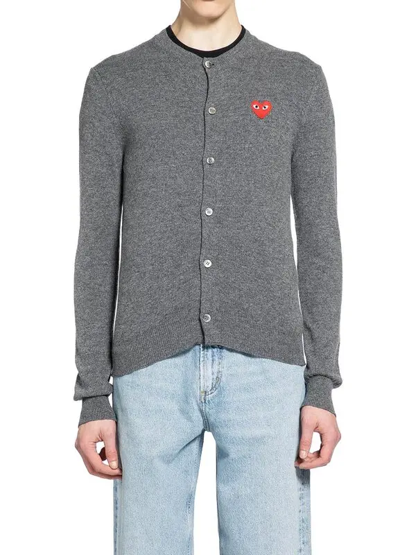 Play Comme Des Garcon Round-neck Cardigan With Red Emblem - Grey