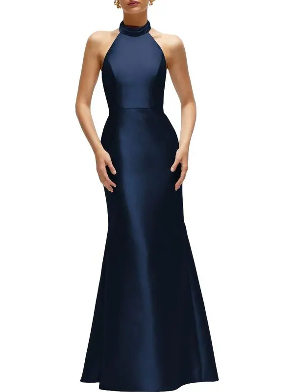 Alfred Sung Halter Neck Satin Gown - Midnight