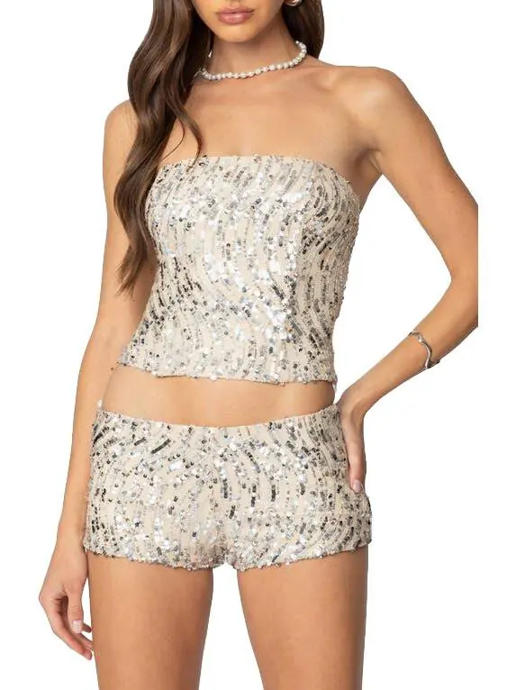 EDIKTED Wavy Sequin Strapless Corset Top - Silver