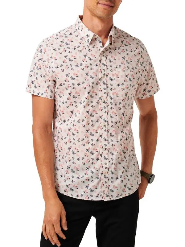 Travis Mathew Something New Floral Short Sleeve Stretch Cotton Blend Button-up Shirt - Moonbeam