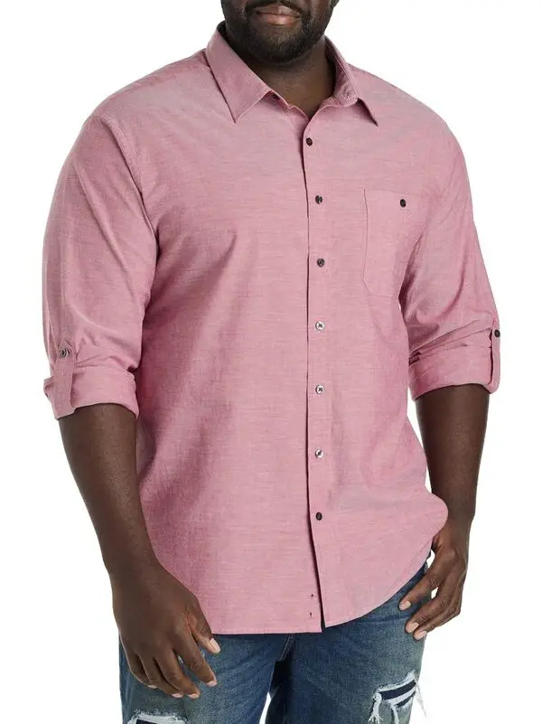 TRUE NATION BY DXL Big & Tall Washed Oxford Rolled-sleeve Sport Shirt - Red Dahlia