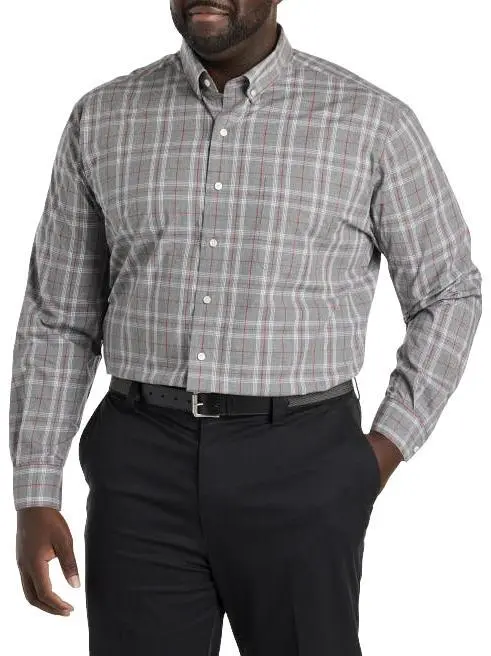 OAK HILL BY DXL Big & Tall Heathered Large Plaid Sport Shirt - Grey
