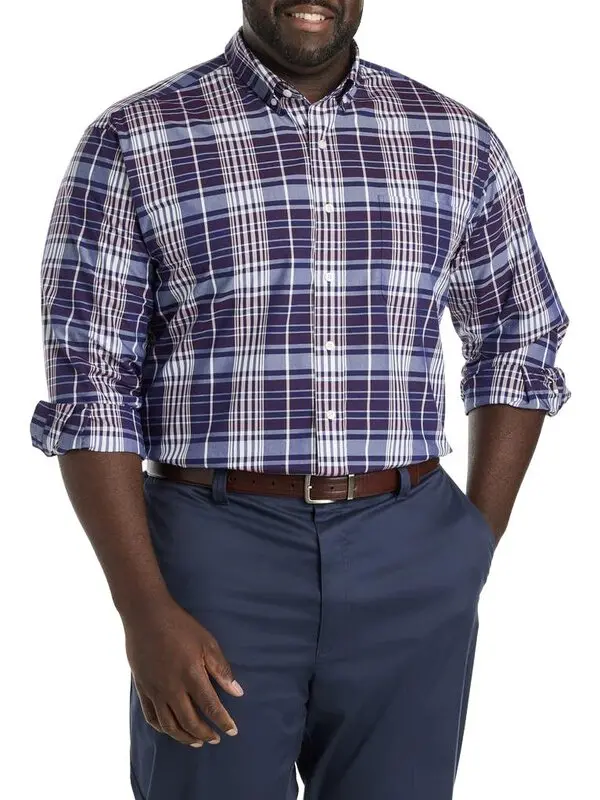 OAK HILL BY DXL Big & Tall Large Plaid Sport Shirt - Burgundy