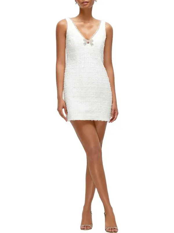 Dessy Collection Rhinestone Bow Metallic Tweed Sheath Dress - Ivory Shimmer