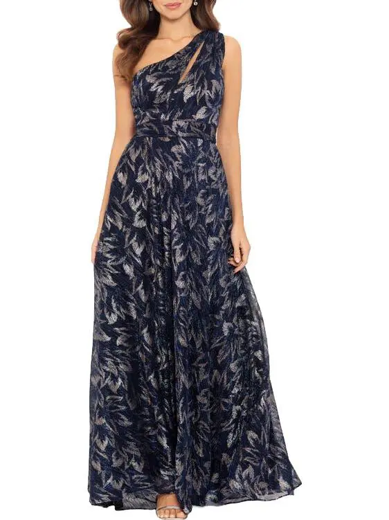 Betsy & Adam Galaxy Metallic One-shoulder Gown - Navy/ Gunmetal