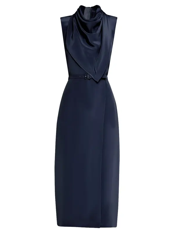 Adam Lippes Scarf Drape Silk Crepe Midi Dress With Belt - Navy