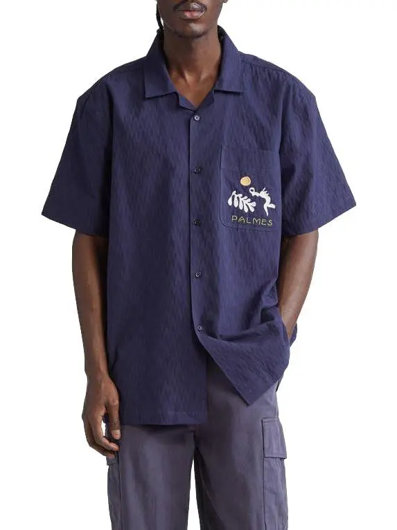 PALMES Garden Embroidered Cotton Camp Shirt - Dark Blue