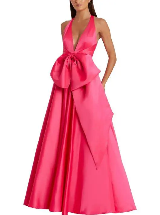 Mac Duggal Sleeveless Satin Gown With Bow - Hot Pink