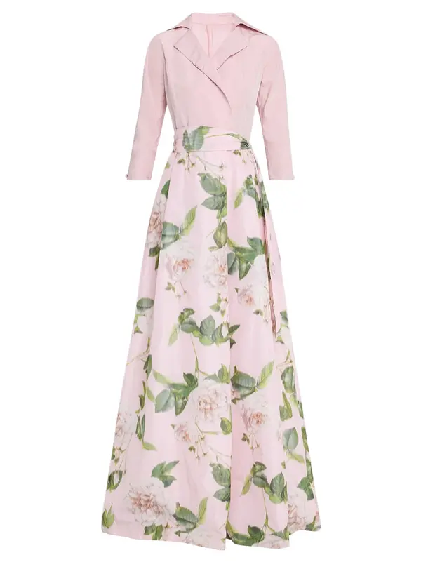 Rickie Freeman For Teri Jon Floral-print Faille Taffeta Shirt Gown - Blush Multi
