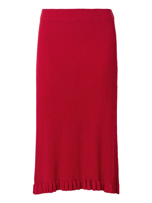 Brandon Maxwell The Grace Asymmetric Ruffled Ribbed Cashmere Midi Skirt - Red