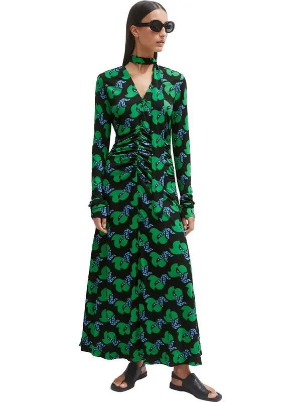 ME+EM Crepe Birds Of Paradise Maxi Dress With Belt - Navy/clover Green/blue