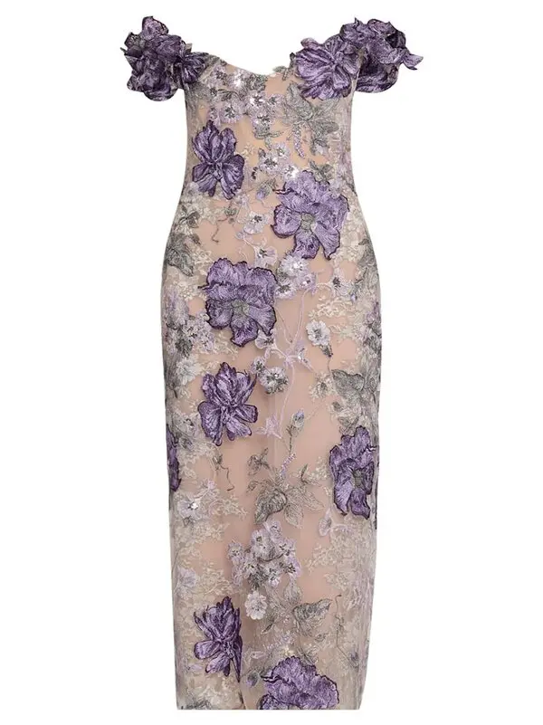 Marchesa Off-shoulder Floral Threadwork Cocktail Dress - Purple