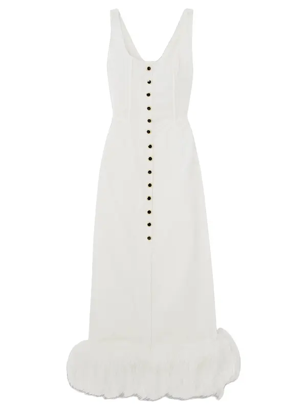 Alessandra Rich Pleated Velvet Midi Dress With Feather Trim - Ivory