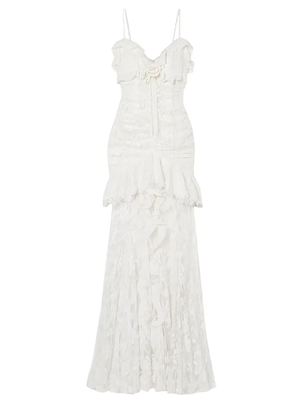 Alessandra Rich Embellished Ruffled Cotton-blend Lace Gown - White