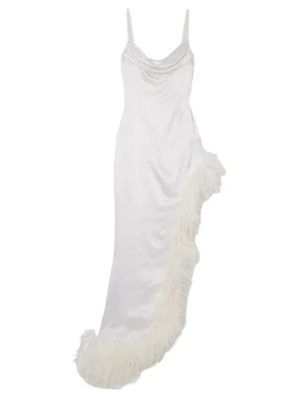 Alessandra Rich Asymmetric Feather-trimmed Silk-satin Gown - White