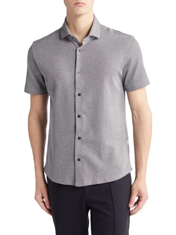 Stone Rose Solid Technical Piqué Knit Short Sleeve Button-up Shirt - Black