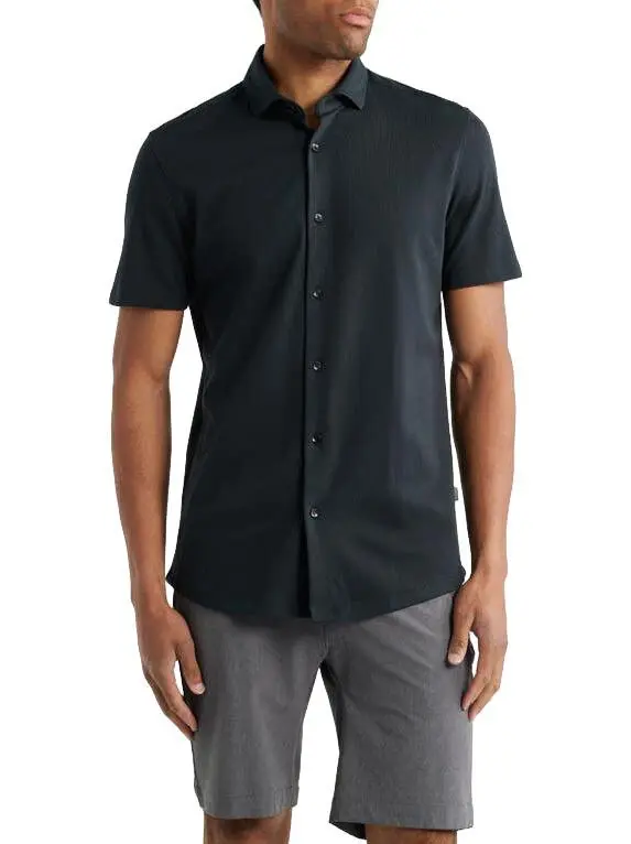 Stone Rose Solid Technical Piqué Knit Short Sleeve Button-up Shirt - Black/black