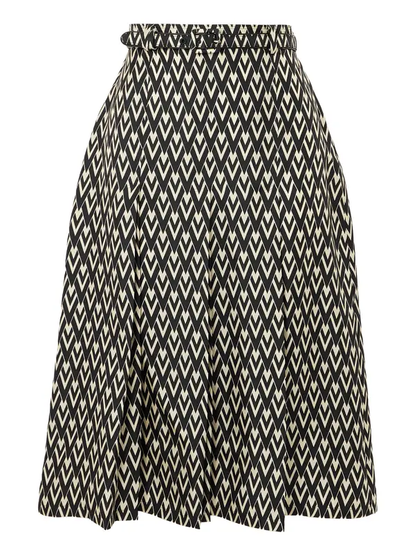 Valentino Garavani Belted Printed Silk-twill Midi Skirt - Black