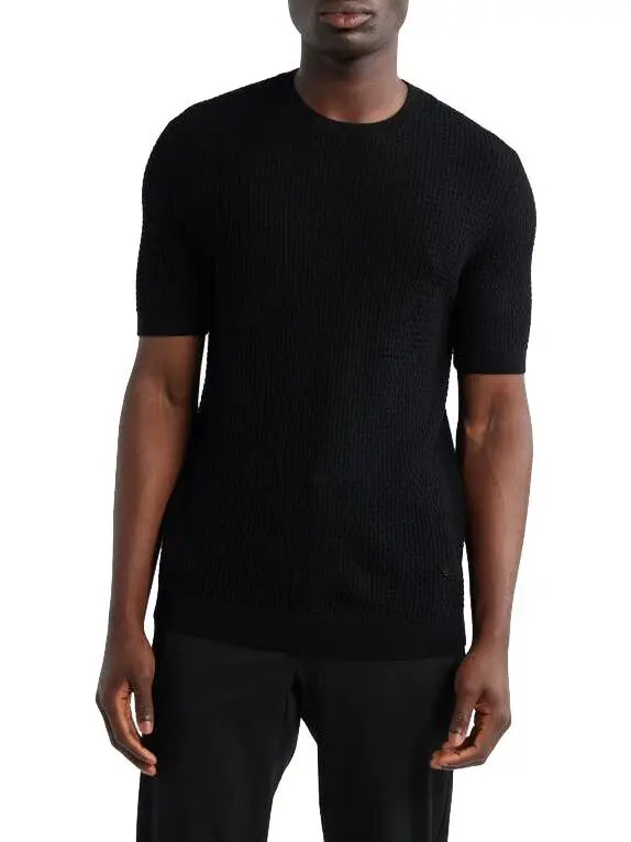 Emporio Armani Short Sleeve Textured Wool Crewneck Sweater - Solid Black