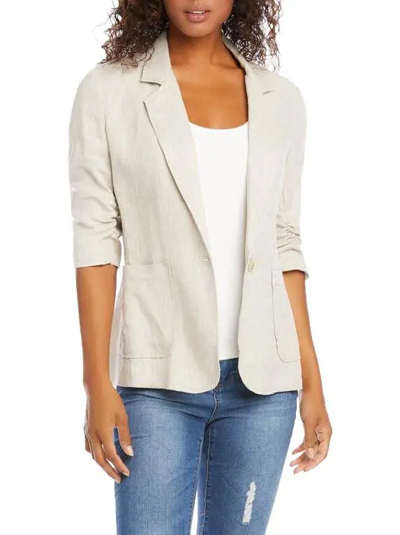 Karen Kane Linen Ruched Sleeve Blazer - Oatmeal