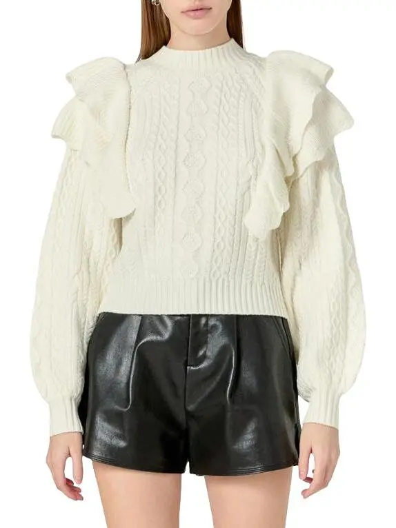 Endless Rose Ruffle Cable Stitch Sweater - Ivory