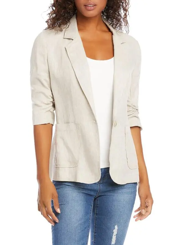 Karen Kane Ruched Sleeve Linen Blazer - Oatmeal
