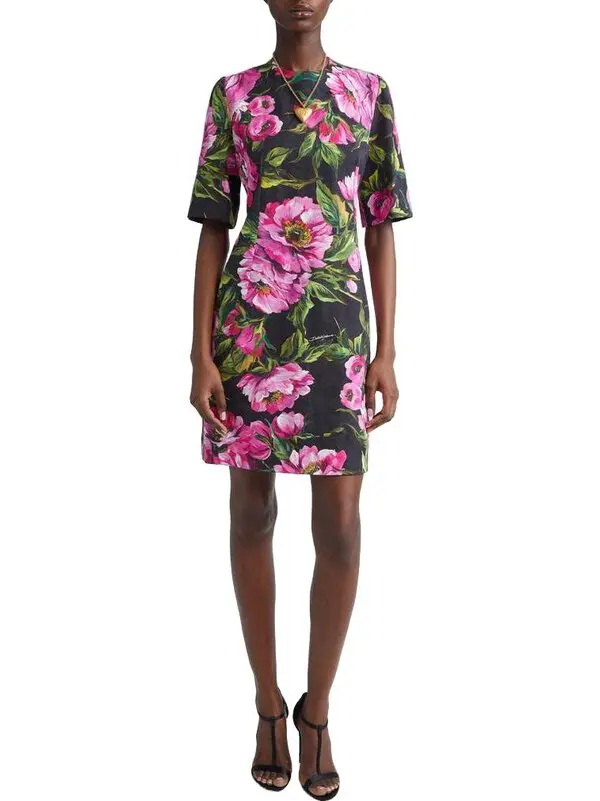 Dolce & Gabbana Peony Jacquard Stretch Cotton Sheath Dress - Hn5kr Peonie Fuxia F.nero