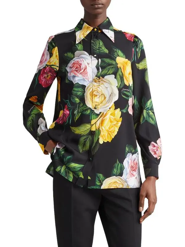 Dolce & Gabbana Peony & Rose Floral Charmeuse Shirt - Peonie/ Rose F.nero