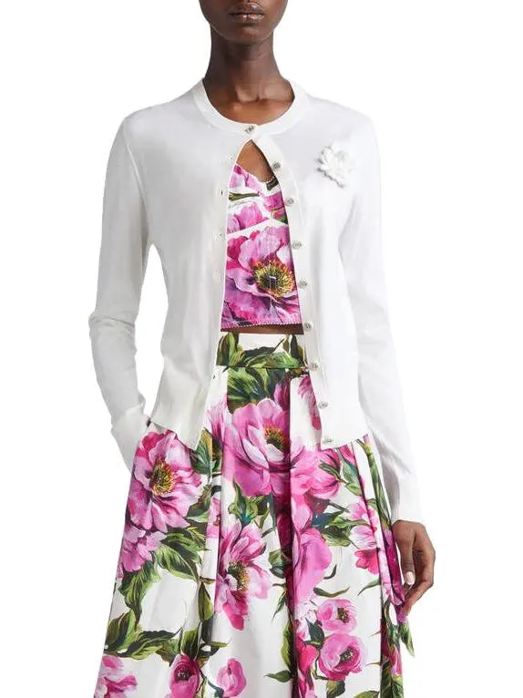 Dolce & Gabbana Floral Appliqué Silk Cardigan - Bianco Ottico