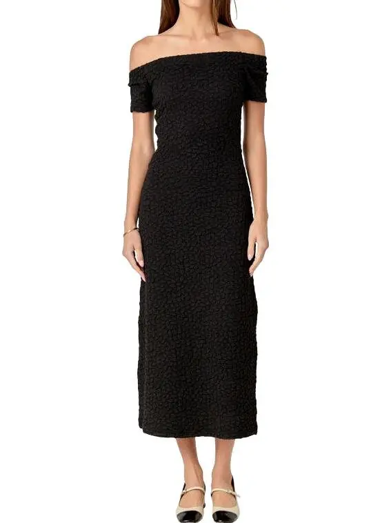 English Factory Textured Off-the-shoulder Midi Dress - Black