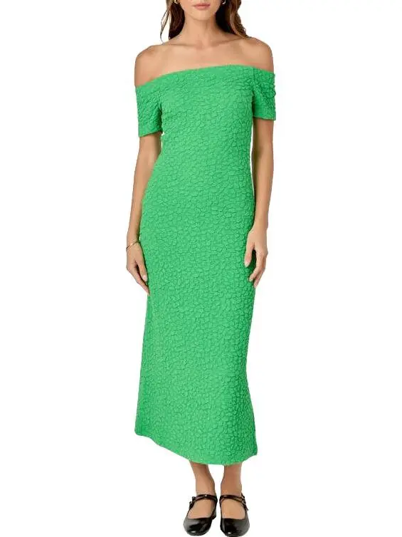 English Factory Textured Off-the-shoulder Midi Dress - Green