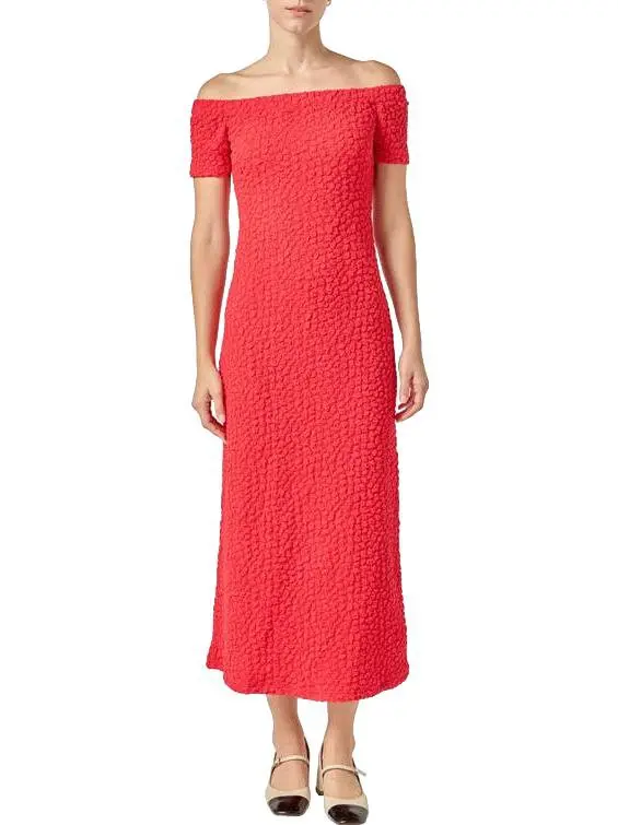 English Factory Textured Off-the-shoulder Midi Dress - True Red