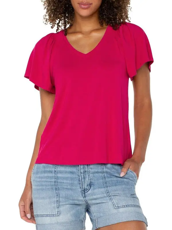 LIVERPOOL V-neck Flutter Sleeve Jersey Top - Cerise
