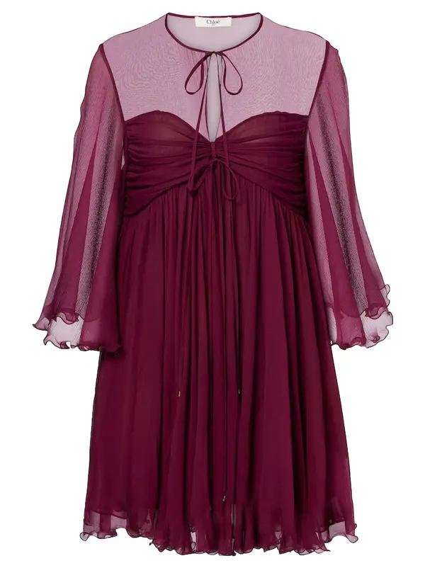 Chloé Sheer Ruched Silk Minidress - Burgundy