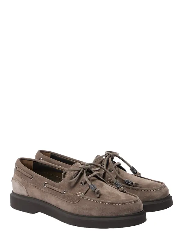 Brunello Cucinelli Sail Monili Suede Boat Shoes - Brown