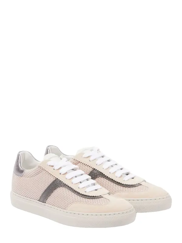 Brunello Cucinelli Monili Suede And Mesh Sneakers - Beige