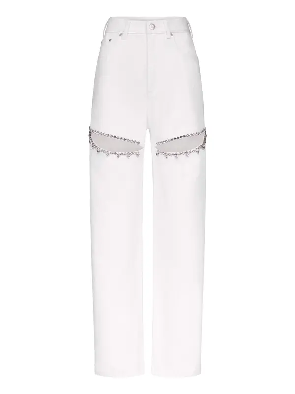 AREA Crystal-embellished Cutout Jeans - White