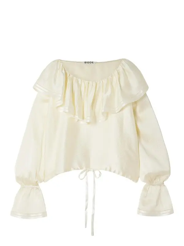 BODE Claret Off-the-shoulder Pointelle-trimmed Hammered-silk Blouse - Ivory