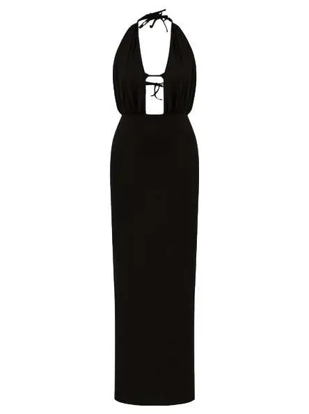 JENDUE Siena Denim Maxi Dress Halter Neck Cut-out - Black