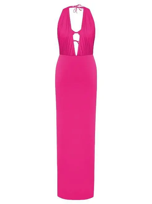 JENDUE Siena Denim Maxi Dress Halter Neck Cut-out - Pink