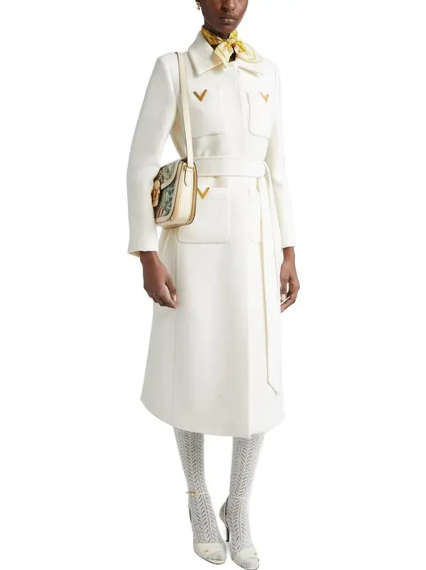 Valentino Garavani V-detail Belted Virgin Wool & Silk Drill Coat - Avorio