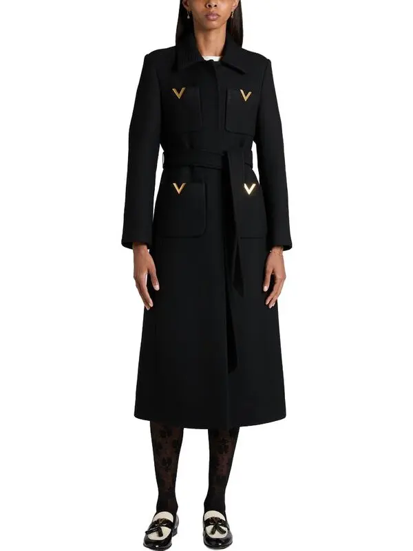 Valentino Garavani V-detail Belted Virgin Wool & Silk Drill Coat - Black