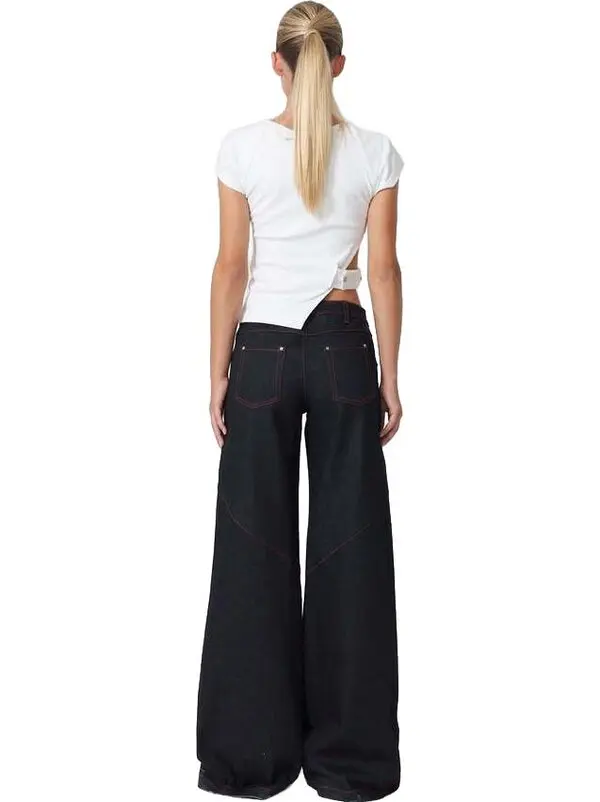 JENDUE Davidson Wide Leg Jeans With Contrast Stitching And Cutout Detail - Deep Blue