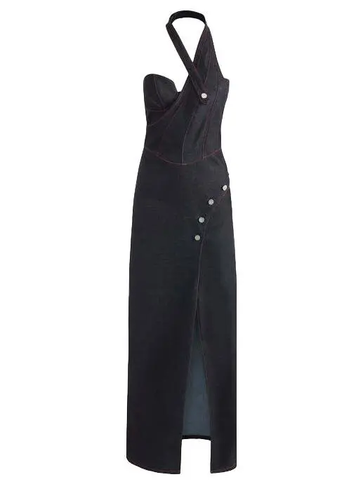 JENDUE Davidson Asymmetrical One-shoulder Denim Maxi Dress With Contrast Stitching - Deep Blue