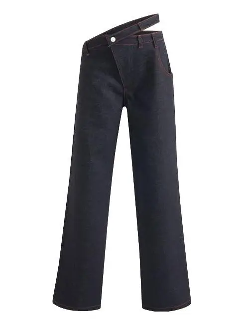JENDUE Davidson Asymmetric Belt Denim Pants - Deep Blue