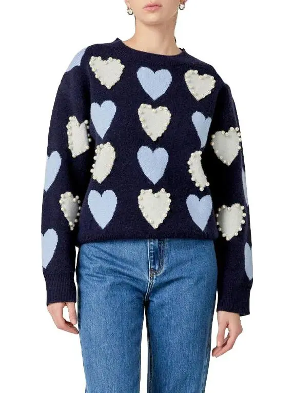 English Factory Heart Faux Pearl Embellished Sweater - Navy Multi