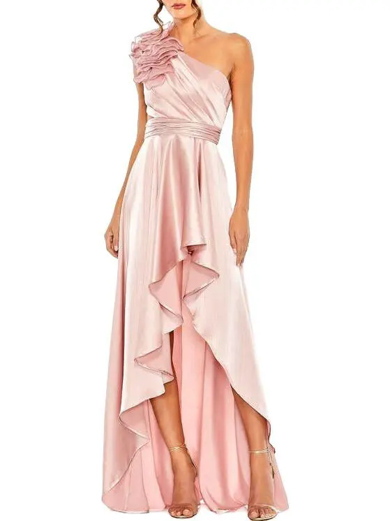 Mac Duggal Metallic Charmeuse One-shoulder Hi-lo Gown - Rose