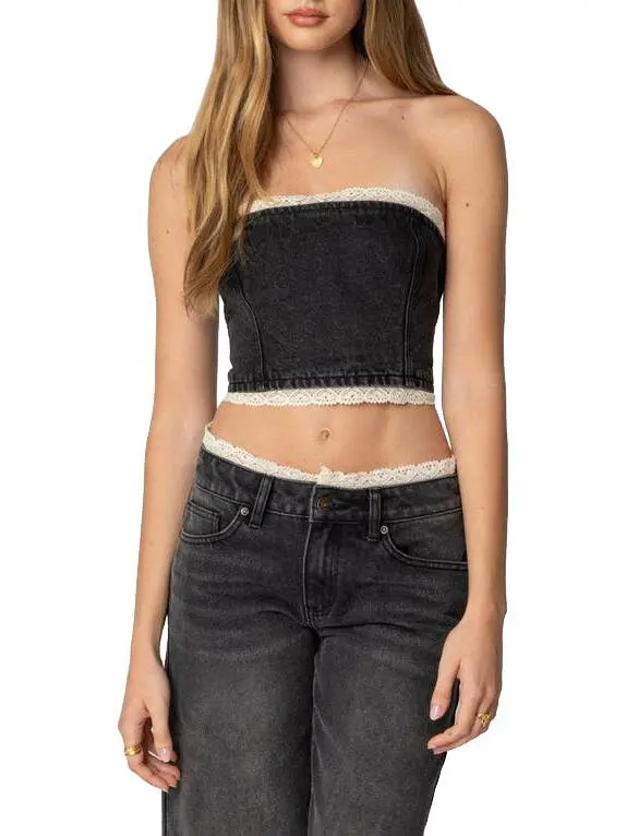 EDIKTED Karlie Lace Trim Denim Tube Top - Black-washed